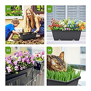 Whonline 8 Pack Window Box Planter 17 Inch Black Plastic Vegetable Flower Planters Boxes Rectangular Flower Pots with Saucers for Indoor Outdoor Garden Patio