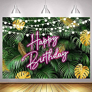 Sensfun Hawaiian Tropical Palm Leaves Happy Birthday Backdrop Aloha Luau Pink Neon Birthday Jungle Green Leaves Photo Background Adults 30th 40th 50th Birthday Decorations Banner Photo Props 7x5ft