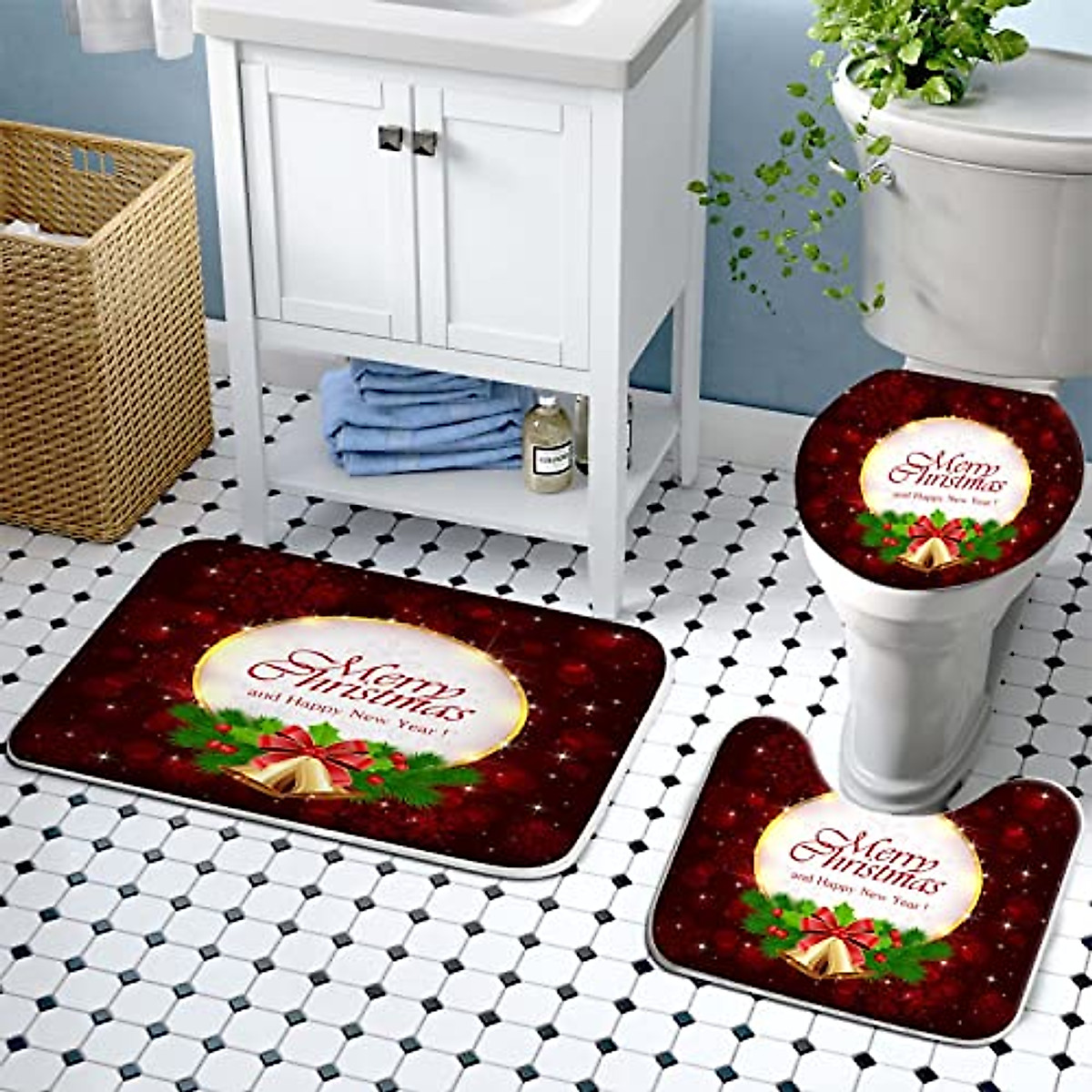 CALARVUK 4PC Merry Christmas Bathroom Sets with Shower Curtain and Rugs, Golden Christmas Bells Shower Curtain Set with Non-Slip Rugs, Toilet Lid Cover and Bath Mat, Holiday Bathroom Decoration Set