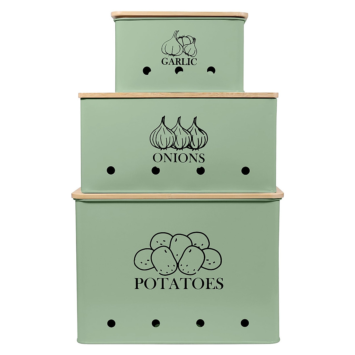Xbopetda Canister Sets for Kitchen Counter, Kitchen Canisters Set of 3 for Potato Onion Garlic, Kitchen Storage Bin Jars Pots with Aerating Tin Storage Holes & Wooden Lid (Green)