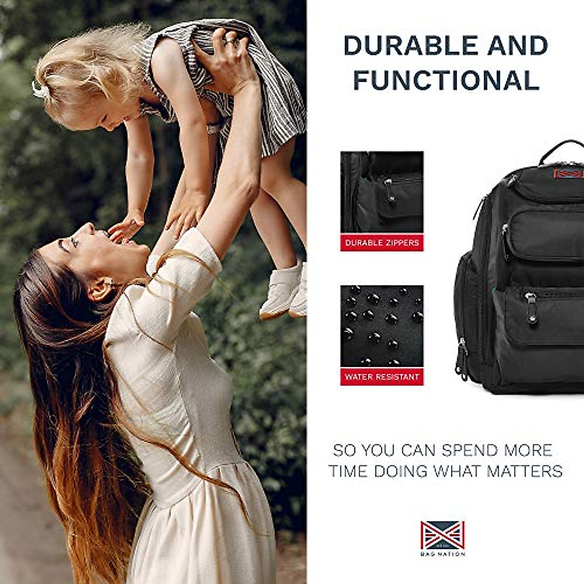 Bag Nation Extra Large Diaper Bag Backpack with Changing Station | Ideal for Twins or 2 Babies | Unisex 3 in 1 with Stroller Straps | Holds All Your Baby’s Essentials (Black)