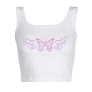 FAIMILORY Women's Basic Summer Embroidered Butterfly Ribbed Crop Tank Tops (ButterflyWhite, M)