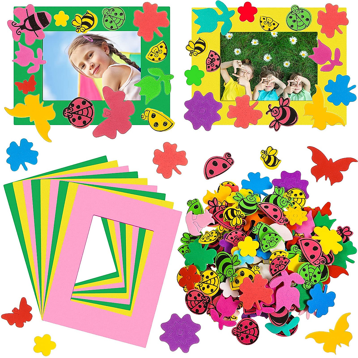 Spring Picture Frame Craft Kits for Kids, Foam Picture Frames DIY Craft Photo Frames with Flower Butterfly Foam Stickers for Home Classroom Game Activities Bulletin Board Decoration (177 Pcs)