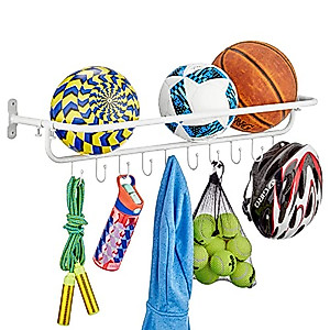 mDesign Metal Wall Mount Equipment Storage Rack and Organizer for Garage Organization; 10 Heavy Duty Accessory Hooks, Overhead Storage Space; Holds Sports Equipment; Garden and Lawn Tools - White