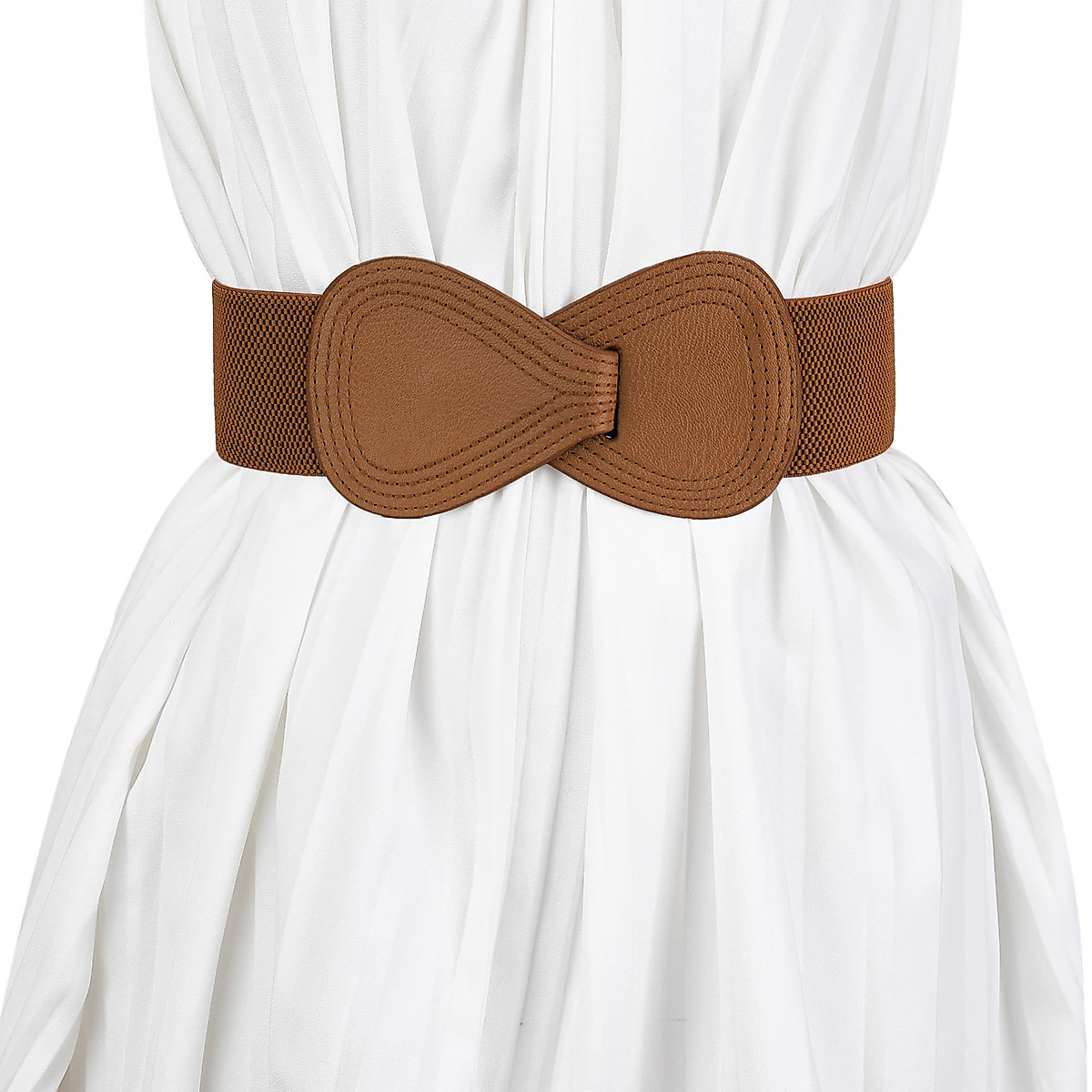 Allegra K Plus Size Interlock Buckle 8-shaped Faux Leather Elastic Belt Cinch Waistband for Lady Fit Waist Girth:25"/63.5cm-37"/94cm Brown