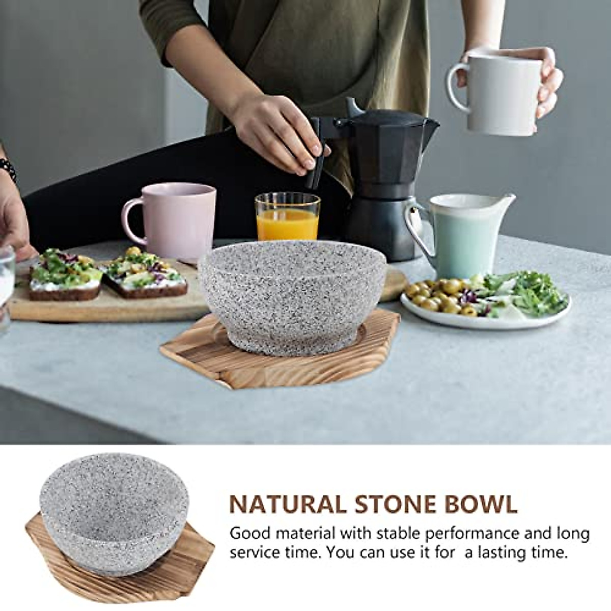 Korean Bibimbap Bowl Stone Bowl 1 Set Korean Cooking Bowl Sizzling Hot Pot with Wood Base Clay Pot for Cooking Hot Pot Dolsot Bibimbap and Soup Cookware Korean Pot
