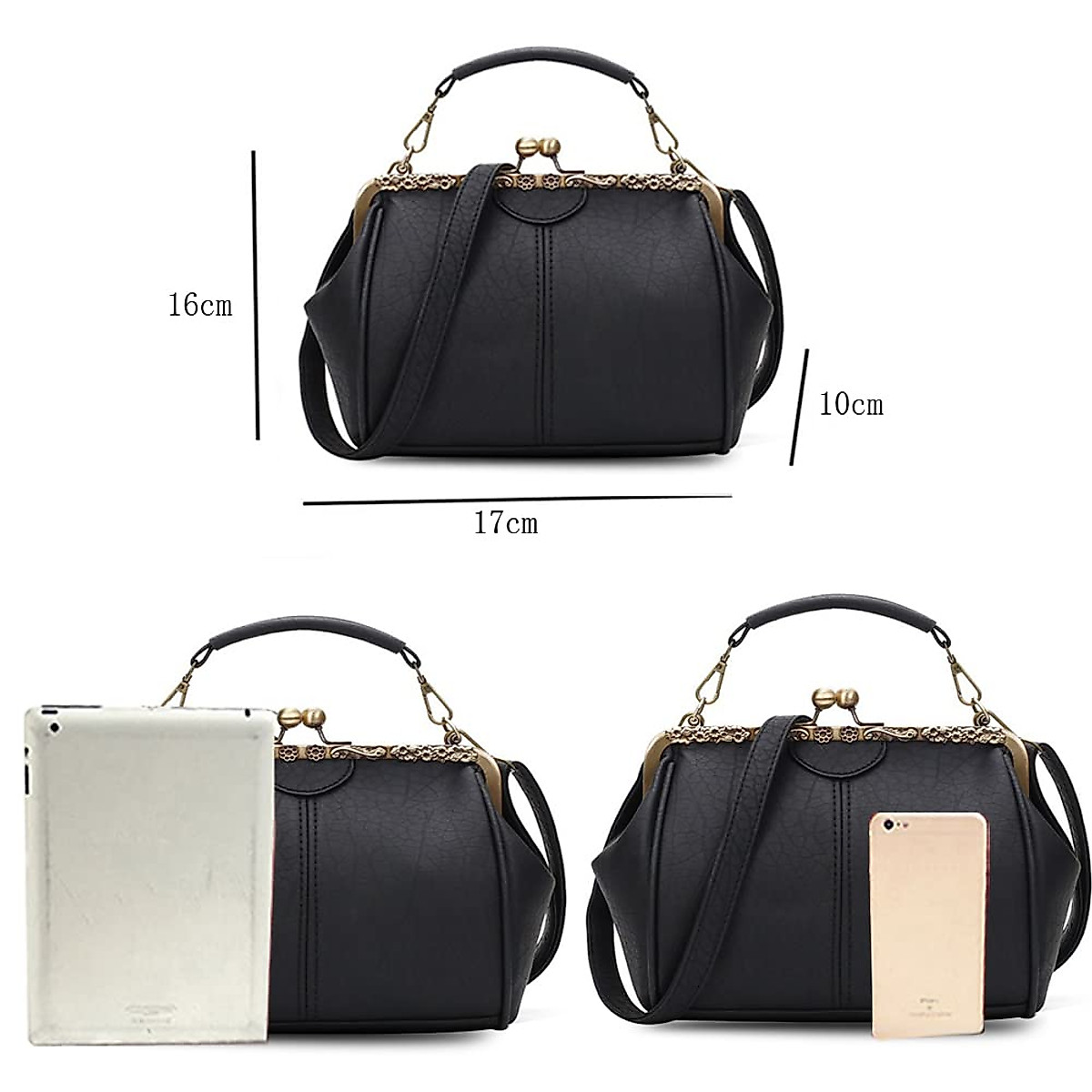 Arnosoar Vintage Kiss lock Handbag Women Purses Solid PU Leather Top-Handle Bag Indigo-blue