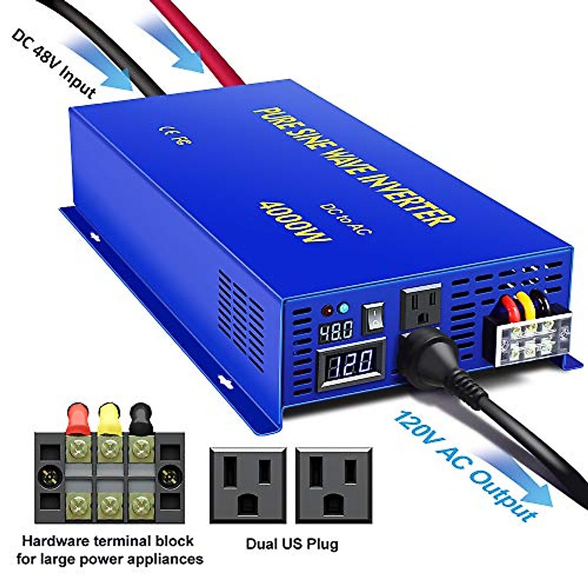 XYZ INVT 4000W Pure Sine Wave Inverter 48V DC to 120V AC Surge 8000 Watt Power Converter Generator with Wireless 100ft Remote Control for Solar System, Home Grid Off, Camping, RV. (4000W 48V 120V)