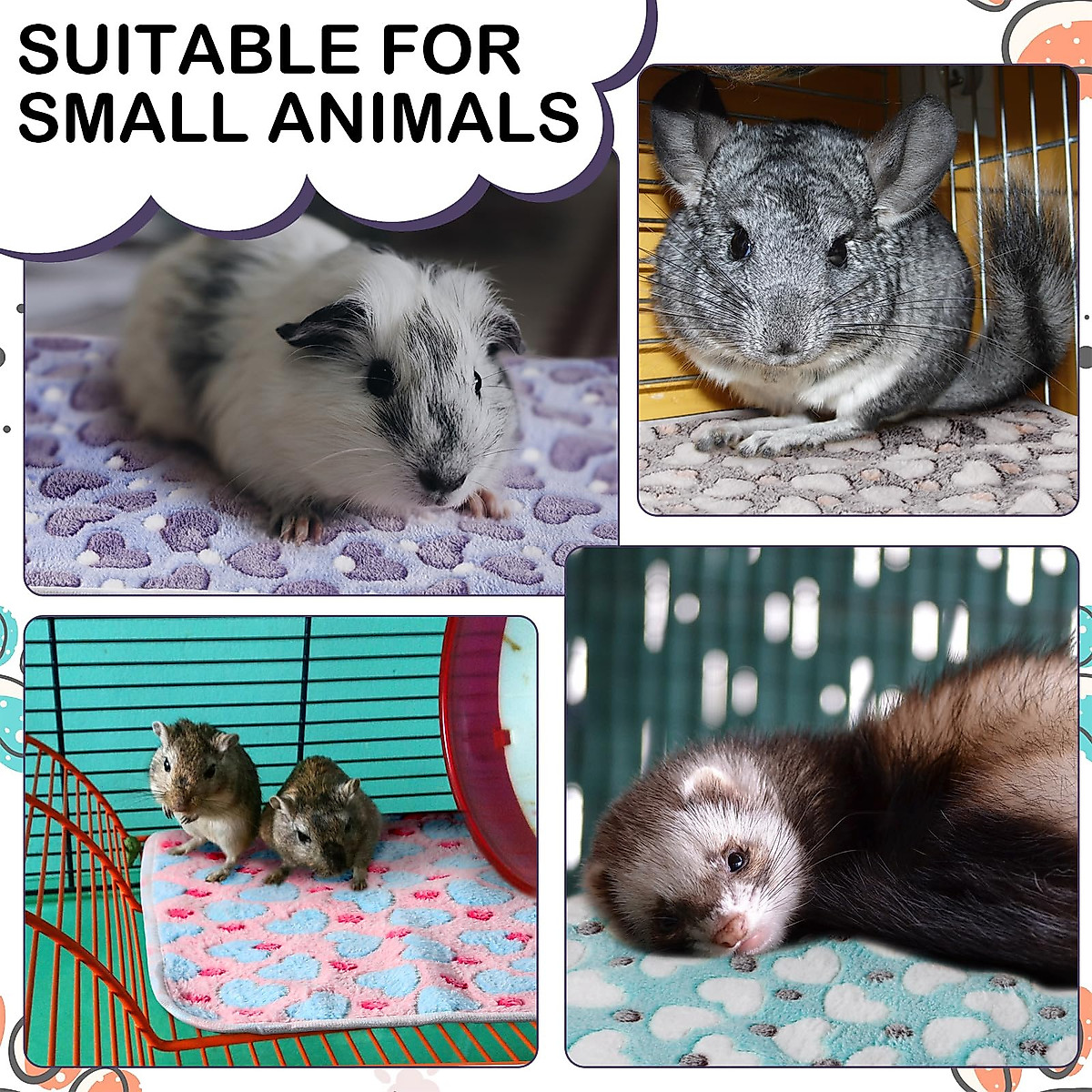 8 Pcs Guinea Pig Bedding Cage Liners Bulk Waterproof Blankets Small Animal Flannel Throw Bedding Absorbent Reusable Pet Pee Sleep Mat Pad Cover for Hamster Ferret (Heart,12 x 12 Inch)