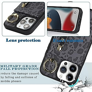 DEYHU iPhone 13 pro Case with Card Holder for Women, iPhone 13 pro Phone Case Wallet with Credit Card with Ring Kickstand Zipper Shockproof Slim Stand Case for iPhone13pro - Black Leopard