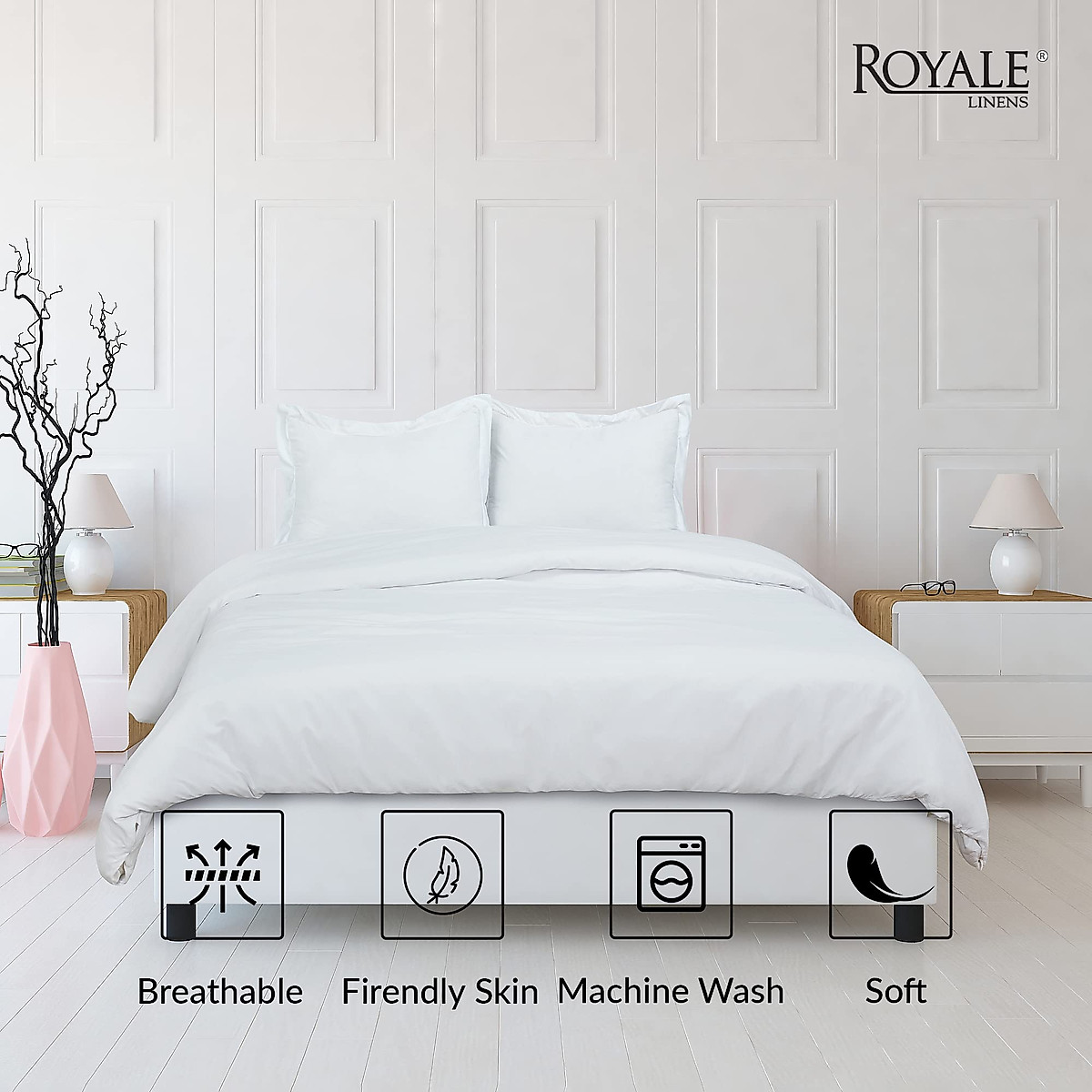 ROYALE White Duvet Cover Queen Size - Washed Duvet Cover Set, 3 Piece Double Brushed Duvet Covers with Button Closure & Corner Ties - 1 Duvet Cover 90x90 inches and 2 Pillow Shams - Comforter Cover