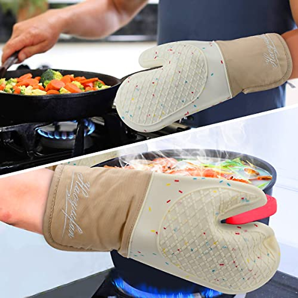 HaoYuFan Silicone Oven Mitts and Pot Holders Sets, Double Layer High Temperature Resistant Hot Pads and Oven Mitts, Cotton Lined Pot Holders and Oven Mitts Sets for Cooking, Grilling etc, Beige 3 Pcs
