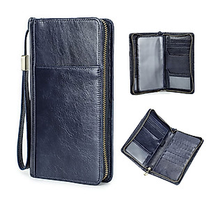 Contacts Passport Wallet Leather Family Passport Holder for 4 Travel Documents Organizer RFID Blocking Zipper Blue Card Wallet with 13 Card Slot