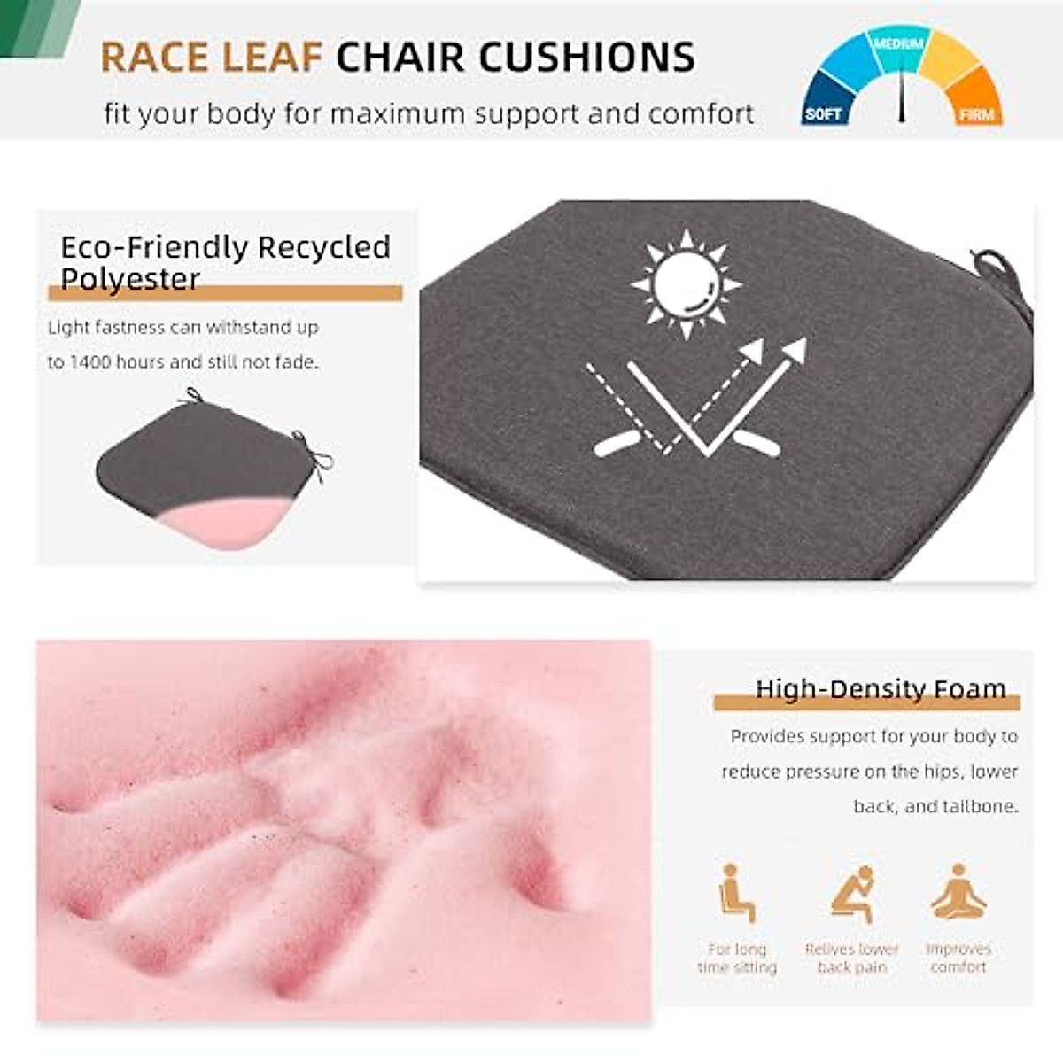 RACE LEAF Indoor Chair Cushions Dark Gray, 17" X 16" Chair Pads for Dining Chairs Set of 4, High-Density Foam Chair Seat Cushion Pads with Ties and Non-Slip Backing