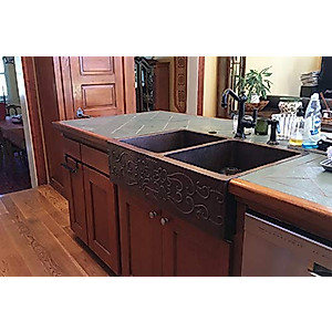 Premier Copper Products KA50DB33229S 33-Inch Hammered Copper Kitchen Apron 50/50 Double Basin Sink with Scroll Design, Oil Rubbed Bronze