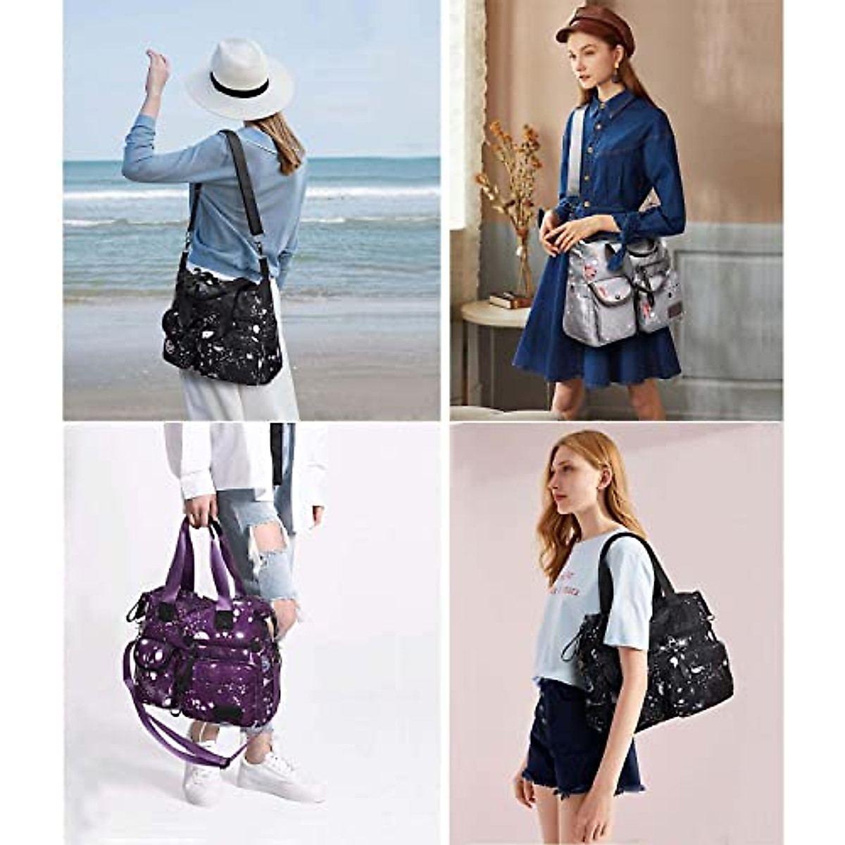 Women Tote Bag with Multiple Pockets & Zipper,Nurse Bags for Work Nursing Bag,Nylon Tote Handbag for Women,Large Shoulder Handbag Purse,Waterproof Galaxy Cross body Bag for Travel,School (Purple)