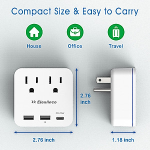 Cruise Power Strip, Elexlinco Surge Protector 5 Outlet Extender with Apple PD 20W, 2 AC Outlets and 2 USB-A Ports Multi Plug Outlets, Ultra Slim Power Strip Surge Protector, Cruise Essentials