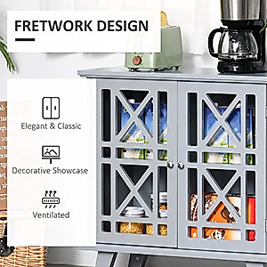 HOMCOM Sideboard Buffet Cabinet, Kitchen Storage Cabinet, Accent Cabinet with Double Fretwork Doors and Metal Handles for Living Room, Gray