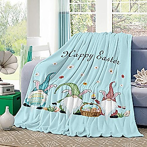 Throw Blankets Happy Easter Gnomes Basket Eggs Fuzzy Soft Bed Cover Bedspread Microfiber Luxury Blanket for Travel Stadium Camping Couch Sofa Chair Blue