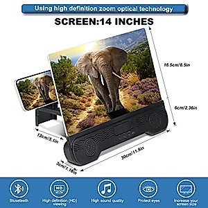 HSRBO 14" Cell Phone Screen Magnifier with Wireless Speaker Foldable Phone Stand with HD Screen Amplifier for Movies,Videos,Reading,Gaming,Compatible with All Smartphones Black