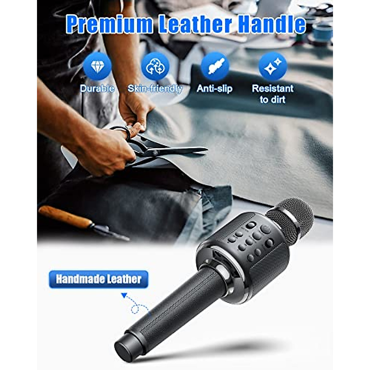 XZL Bluetooth Karaoke Microphone for Kids & Adults, Wireless Rechargeable Mic with Built-in Stereo Speaker, Echo｜Duet Mode｜Recording｜Music Playback, Premium Leather Handle, Portable Storage Case