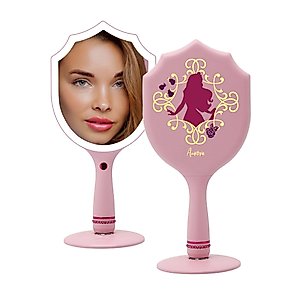 Impressions Vanity Disney Princess Aurora Handheld LED Makeup Mirror, Lighted Hand Mirror with Standing Base, Shimmering Button, and 3 Color Modes for Travel or Bedroom