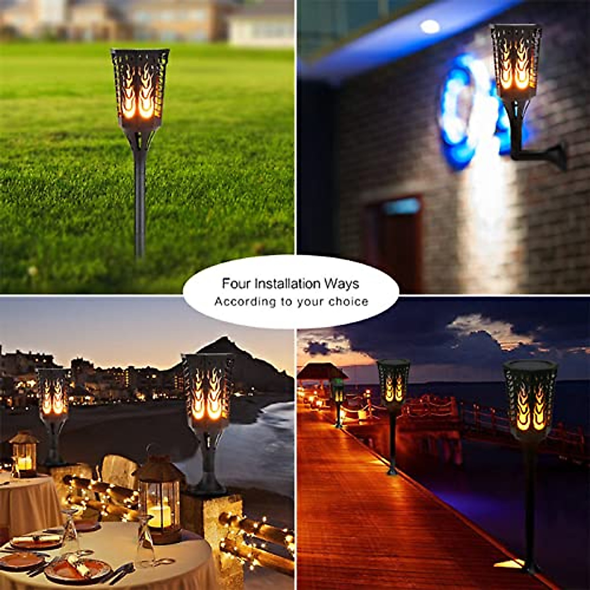 96LED 4 Ways LED Solar Flame Lamp Outdoor Waterproof Landscape Lawn Lamp Dancing Flicker Lights for Home Garden Decor Four Installation Modes