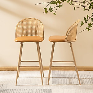 SICOTAS Rattan Bar Stools Set of 2 - Boho Counter Height Barstools - 29" Armless Bar Stools for Kitchen Island - Farmhouse Bar Stools with Back and Leather Cushion - Vintage Design Tall Kitchen Chairs