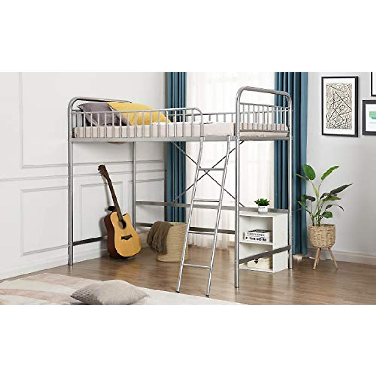 Twin Loft Bed with Full-Length Guardrail and Ladder (Silver)