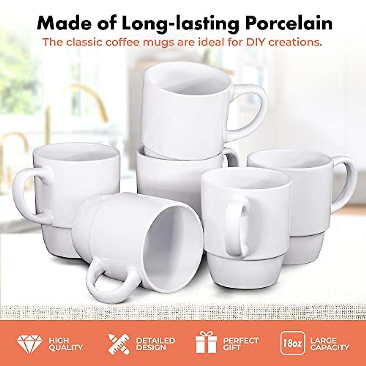 Bruntmor 18 Oz Plain Stacking Coffee Mug Set of 6, Cute 18 Ounce Porcelain Mugcup Set In White, Best Coffee Mug For Your Christmas, Birthday Gift, or DIY Decoration