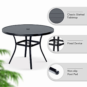 VICLLAX Outdoor Patio Round Dining Table, 42"x 42" Metal Slatted Round Tabletop with Adjustable Umbrella Hole for Deck Lawn Garden Backyard, Black