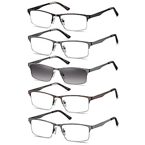EYECEDAR 5-Pack Reading Glasses for Men Rectangular Metal Half-Frame Spring Hinges with Sun Readers Glasses Mens Readers 2.0