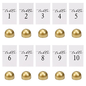 Hanna Roberts Modern Cursive Table Number Card Stock Signs with Round Stand for Wedding Reception, Restaurant, Event Party, 4" x 6" (Set of 10, 1-10, Gold)