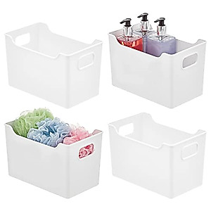 mDesign Deep Plastic Bathroom Storage Bins with Handles for Organization in Closet, Vanity or Under The Sink, Organizer for Hair Tools, Vitamins, or Accessories, Ligne Collection, 4 Pack, White