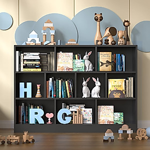 Cozy Castle Black Bookshelf, 3-Tier Open Shelf Bookcase, 10 Cube Storage Organizer with Anti-Tilt Device, Freestanding Horizontal Bookshelf Cube Shelf for Bedroom, Living Room, Office