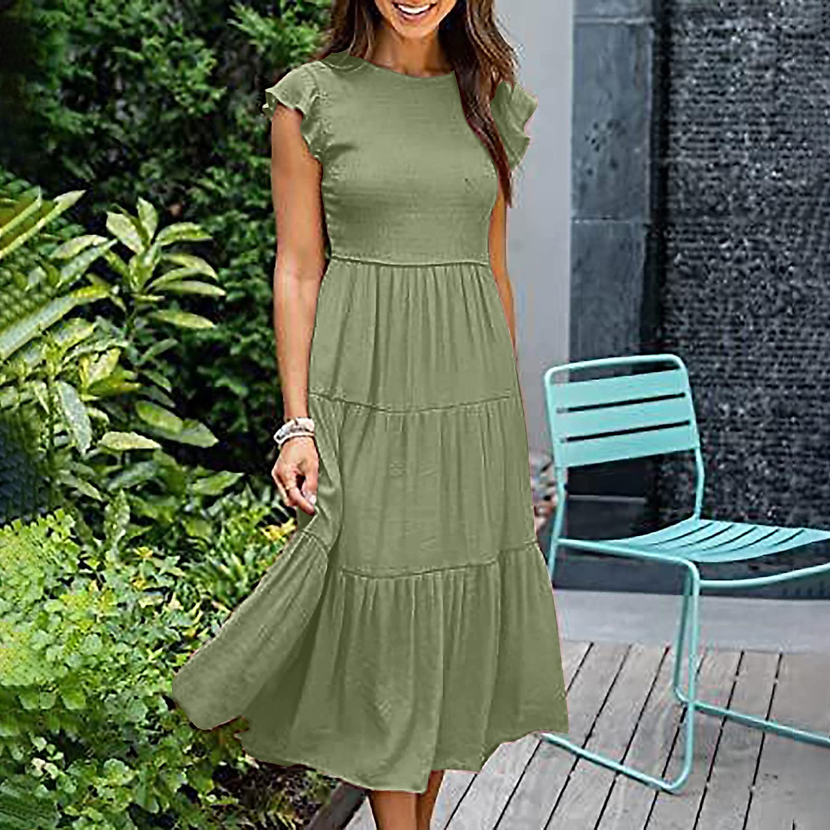 Ceboyel Womens Flutter Sleeve Summer Dresses Bohemian Maxi Long Dress Tiered Ruffle Dresses Elegant Casual Weddings Clothing