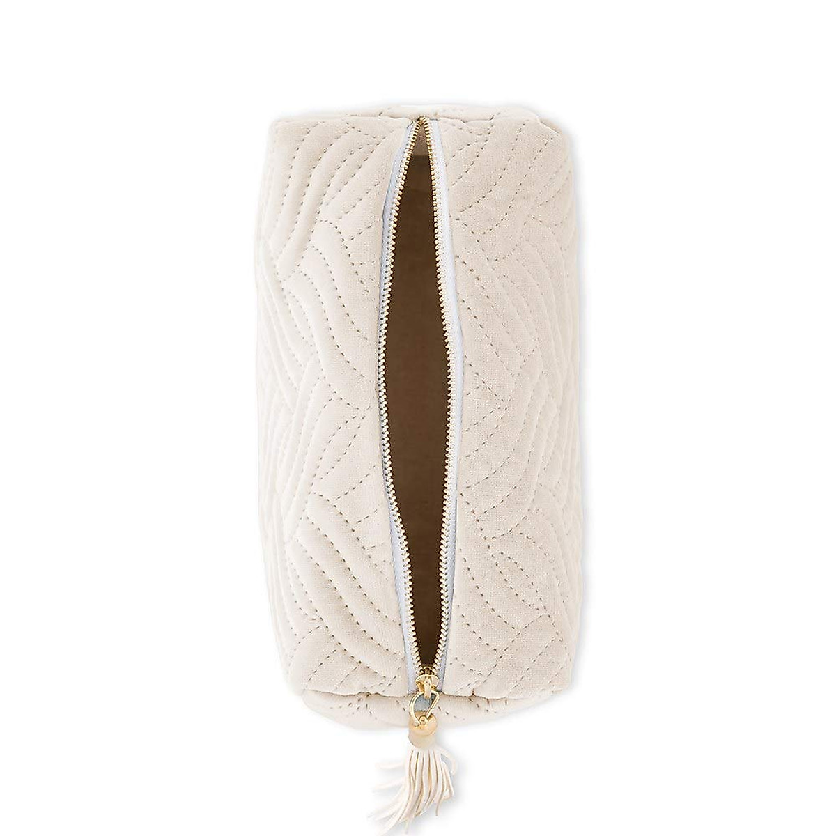 WEDDINGSTAR Small Personalized Velvet Quilted Makeup Bag For Women - Ivory Beige