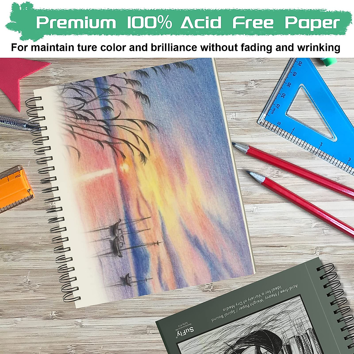 Sketch Book 5.5 X 8.5 - Spiral Sketchbook Pack of 2, SuFly 200 Sheets (68 lb/100gsm) Acid Free Sketch Pads for Drawing for Adults Spiral-Bound with Hard Cover for Kids & Adults, 100 Sheets Each