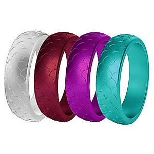 AZYOUNG Women Silicone Wedding Band 4 Colors a Set Outdoor Sports Dome Top Fish Scale Surface Rubber Rings,US Size 4-10 (Red Blue, 7)