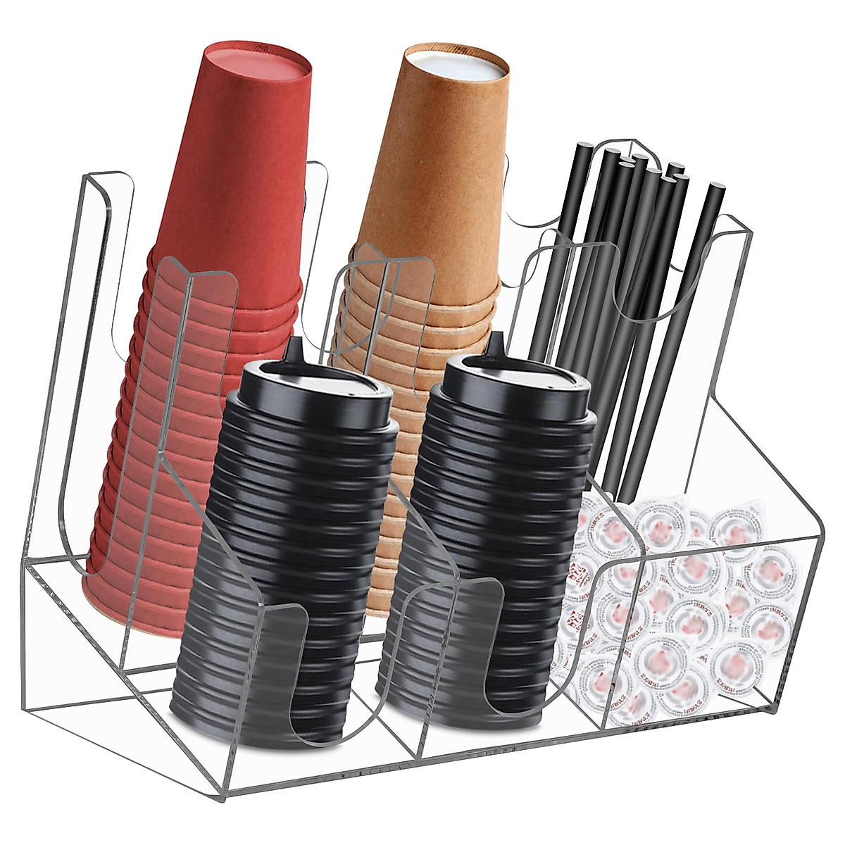 Tragaomx Clear Acrylic Coffee Cup and Lid Holder Organizer for Cups Display Straw Condiment Stirrer Sweeteners Napkins Cup Dispenser Countertop for Home Kitchen Office Coffee Station Bar Organizer