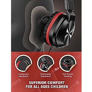 On-Ear Headphones with Microphone, 2022 Newest Foldable Wired Headphones for Adults Kids, Lightweight Portable Stereo Headphones with 1.5M Tangle-Free Cord for School Home, Black in Red (AB078)