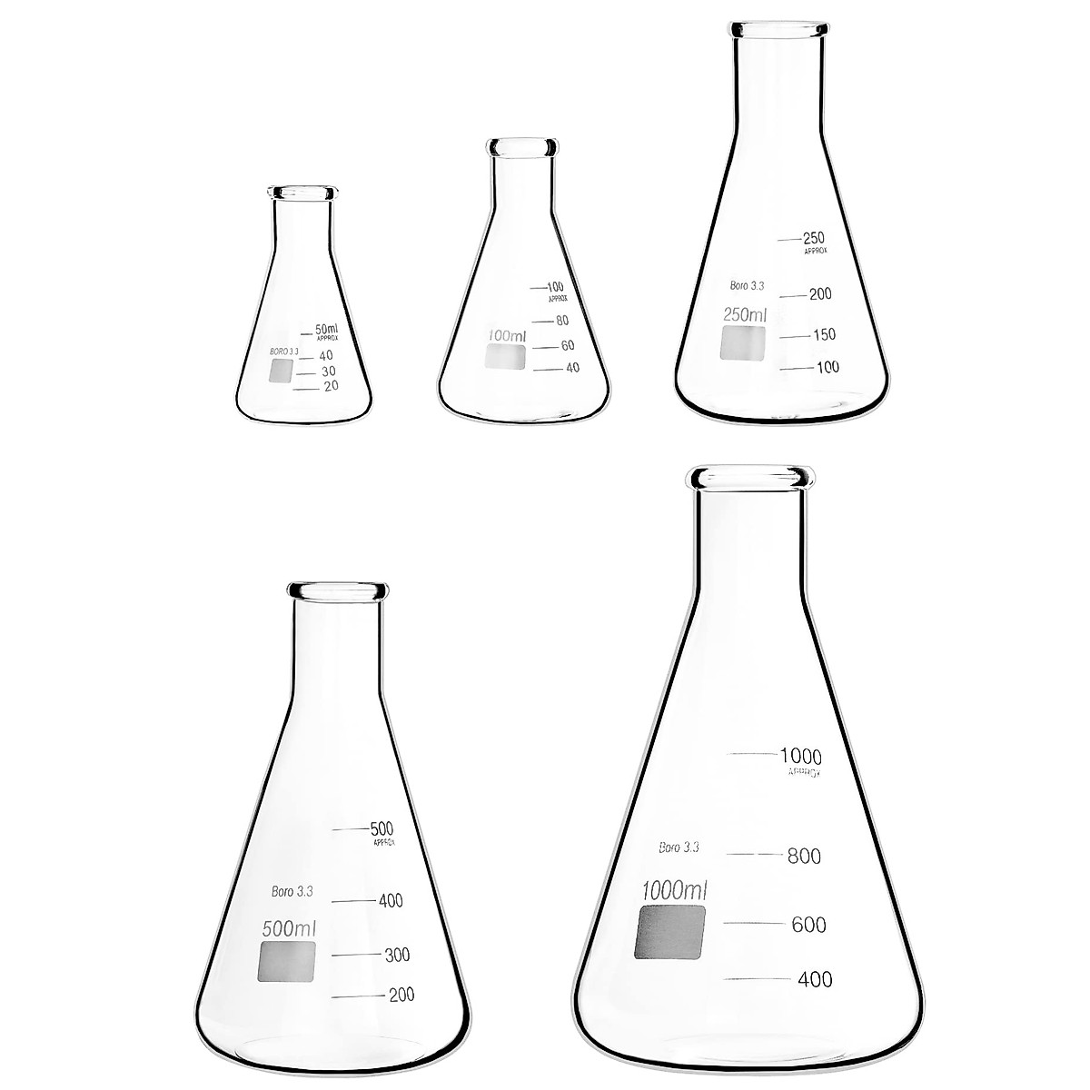 QWORK Erlenmeyer Flask Set - 50ml, 150ml, 250ml, 500ml & 1000ml - Narrow Neck, Clear Graduations - - Borosilicate 3.3 Glass - Ideal for Professional Lab Use