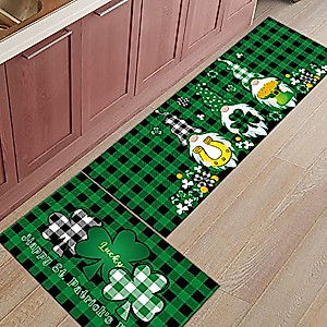 Arts Print Shamrocks Kitchen Rug Mat Set of 2,St.Patrick's Day Gnomes Buffalo Plaid Runner Rug,Non-Slip Durable Kitchen Floor Mat for Sink,15.7x23.6Inch+15.7x47.2Inch