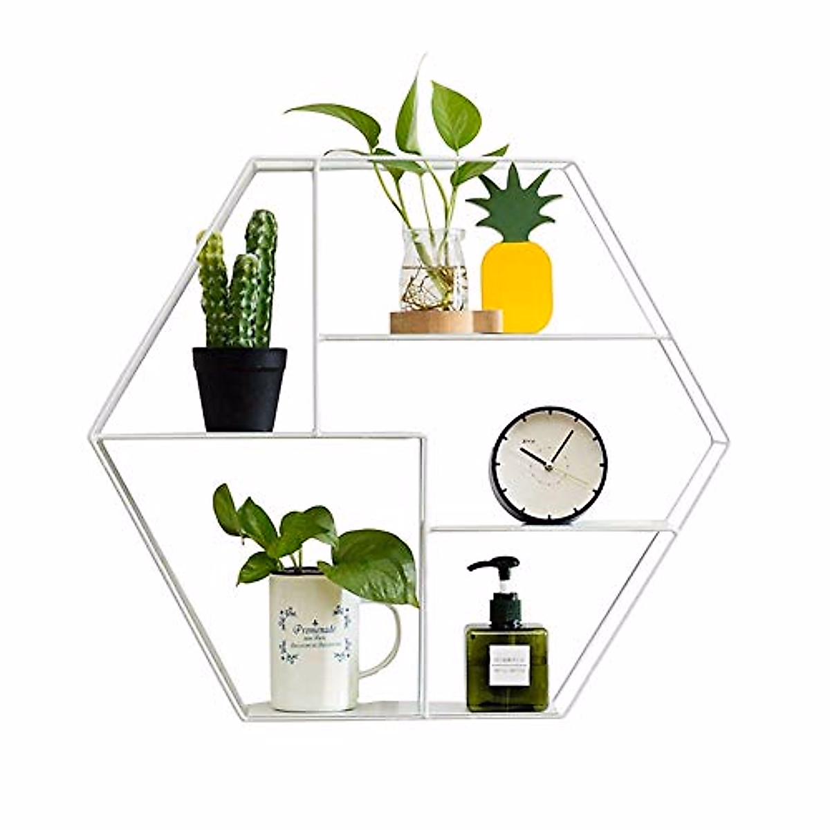 PIBM Stylish Simplicity Shelf Wall Mounted Floating Rack Shelves Hexagon Iron Art Storage Display Stand Study Room Shop Strong Bearing Capacity,2 Colors,4 Layers, Awhite , 52x11x45cm