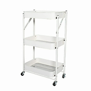 Ruishetop Foldable 3-Tier Metal Utility Rolling Cart with Wheels, Easy Assembly Folding Mobile Multi-Function Storage Organizer Cart for Home Office Kitchen Outdoor (White)