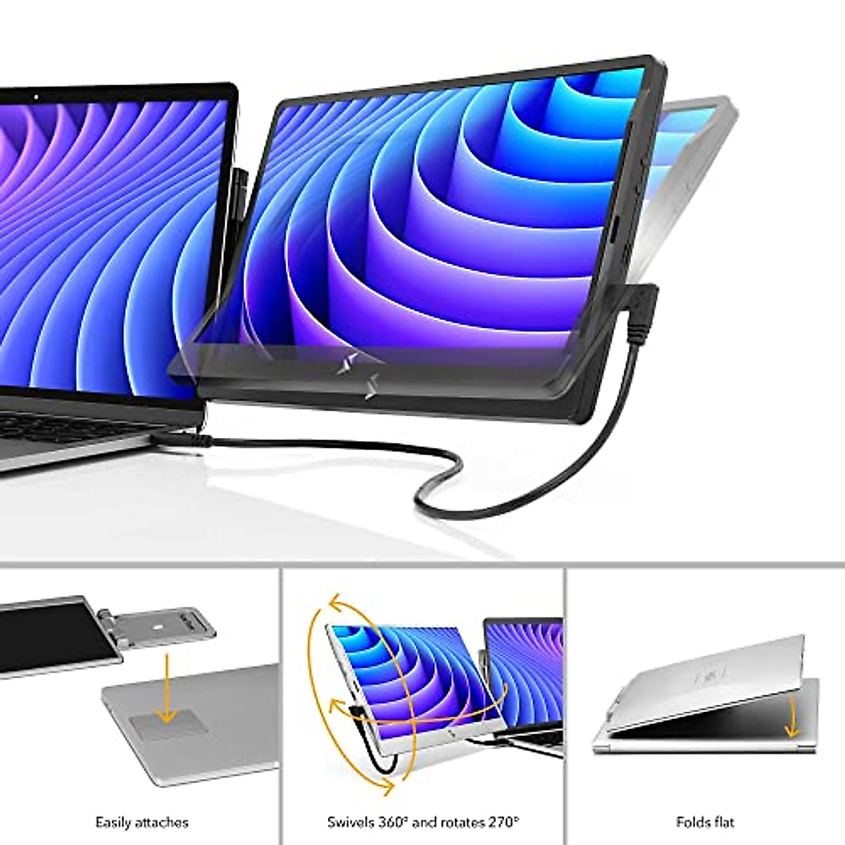 SideTrak Swivel 14” Patented Attachable Portable Monitor for Laptop | FHD TFT Laptop Dual Screen | Mac, PC & Chrome Compatible | Fits All Laptops | Powered by USB-C or Mini HDMI (Light Silver)