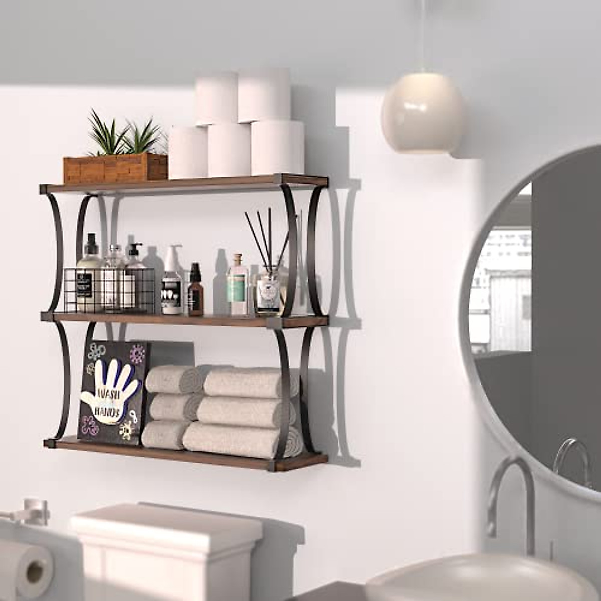 J JACKCUBE DESIGN Floating 3 Tier 27 Inch Rustic Wood Wall Mount Bathroom Shelf, Storage Display Organizer Farmhouse Shelves with Curved Metal Brackets for Bathroom, Living Room- MK476C