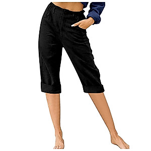 Stessotudo Capris for Women Summer Casual Elastic High Waist Linen Pants with Pockets Wide Cropped Leg Loose Trousers 2023