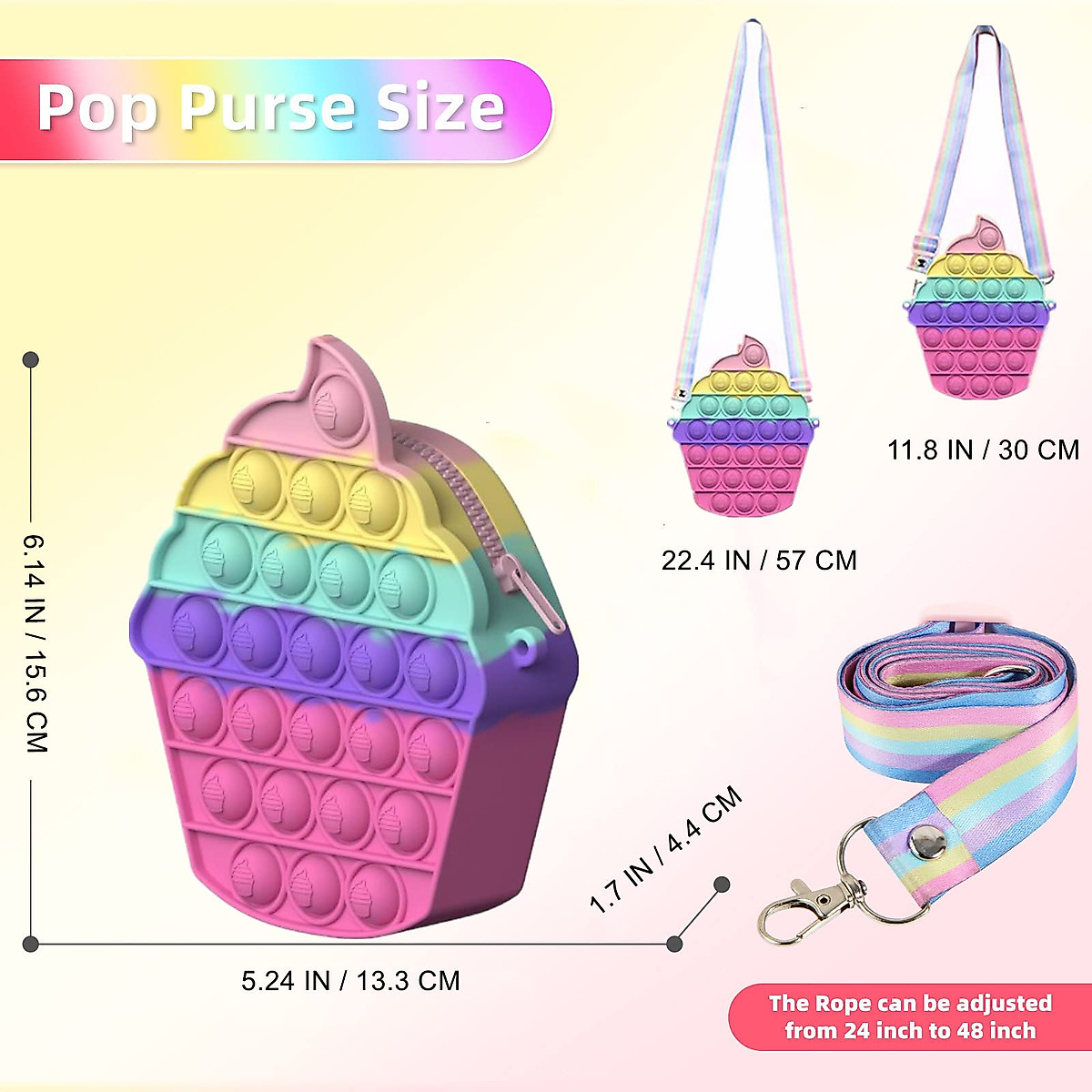 Pop purse bag for Girls, 2 in 1 Poppet Bag fidget Toy with Adjustable Shoulder Strap Length, Silicone Crossbody Small Purse Gift for Kids (Cup Cake)