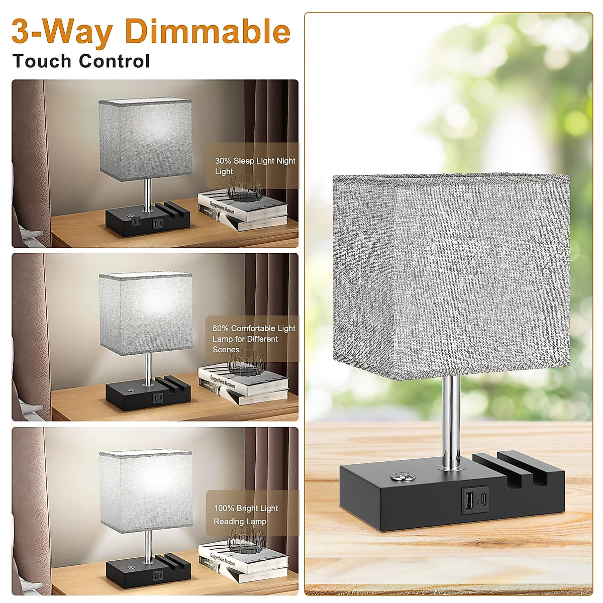 aooshine Touch Lamp with USB C+A Charging Ports-Table Lamp for Bedroom with 3 Levels Brightness(Low/Medium/Hight), 3 Way Dimmable Bedside Nightstand Lamp with 2 Phone Slots (Include Bulb)